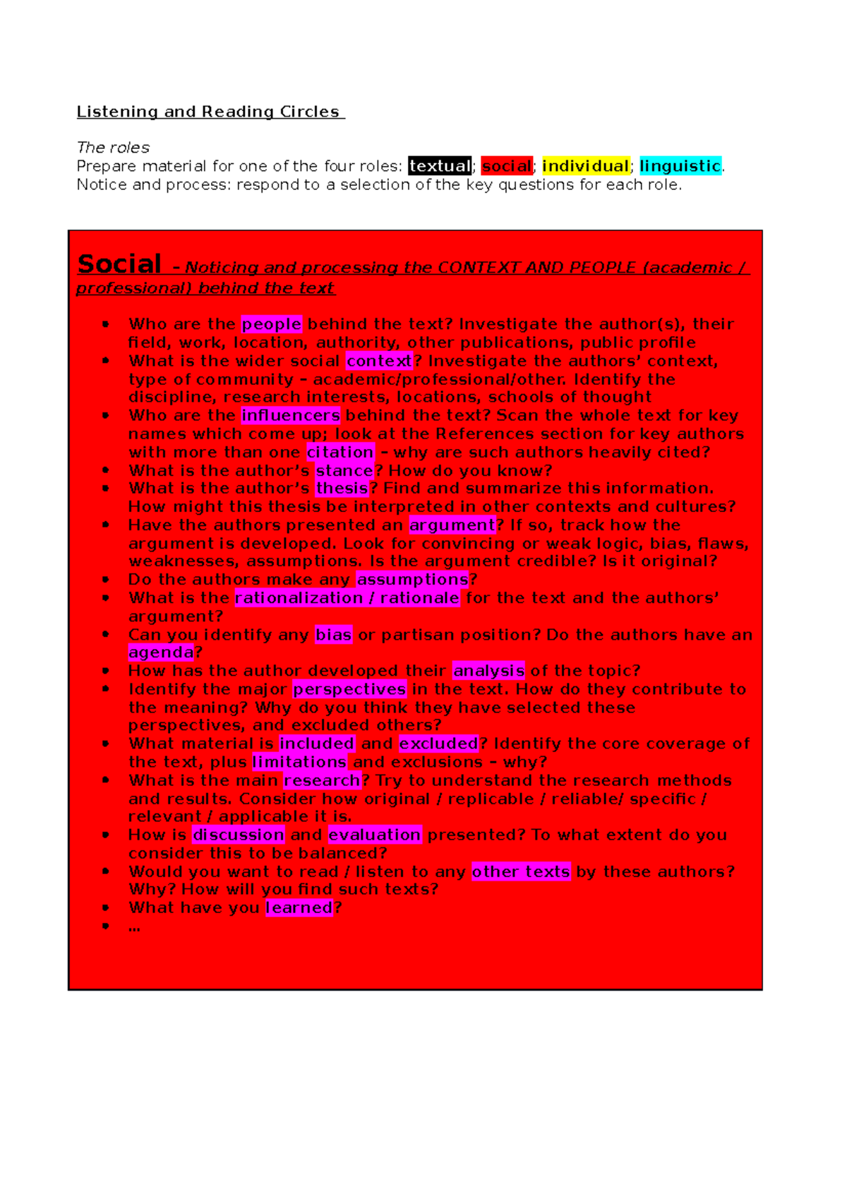Role Social - notes - Listening and Reading Circles The roles Prepare ...