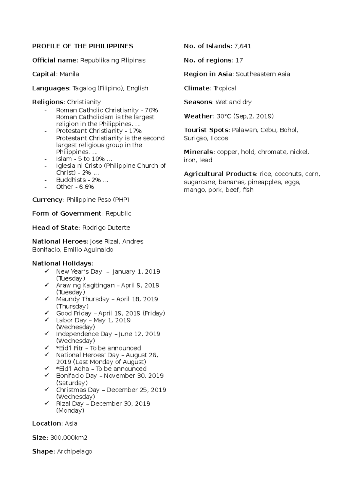 Ass.1 profile of the philippines - PROFILE OF THE PIHILIPPINES Official ...