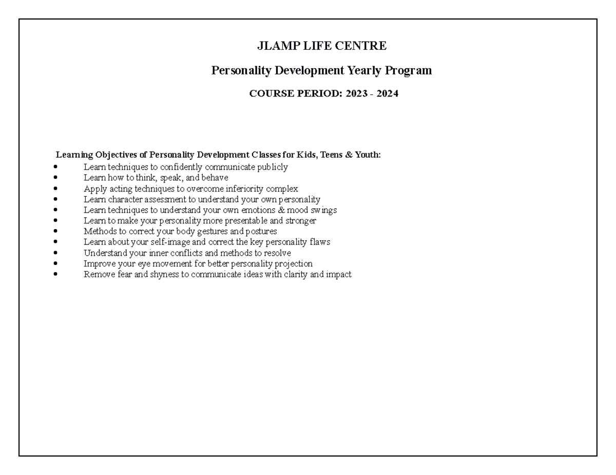 J. Personality Development Program - JLAMP LIFE CENTRE Personality ...