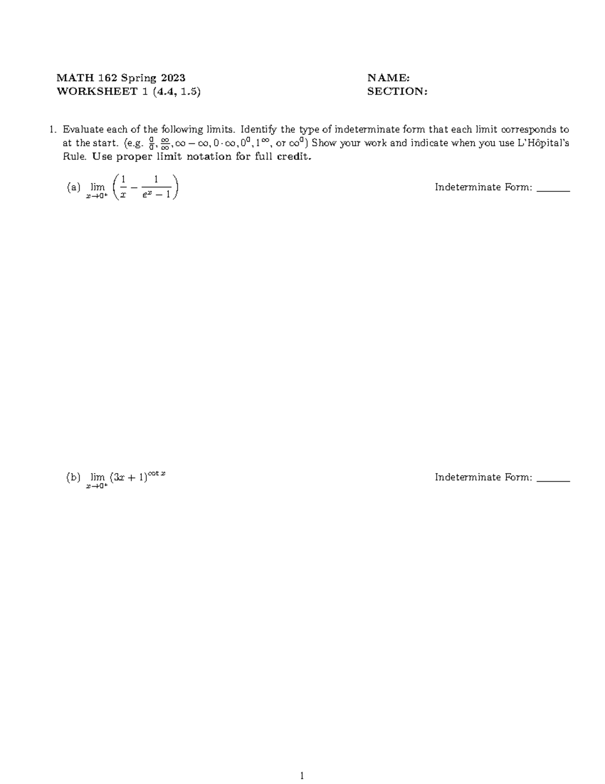 Worksheet #1 - MATH 162 Spring 2023 NAME: WORKSHEET 1 (4, 1) SECTION ...