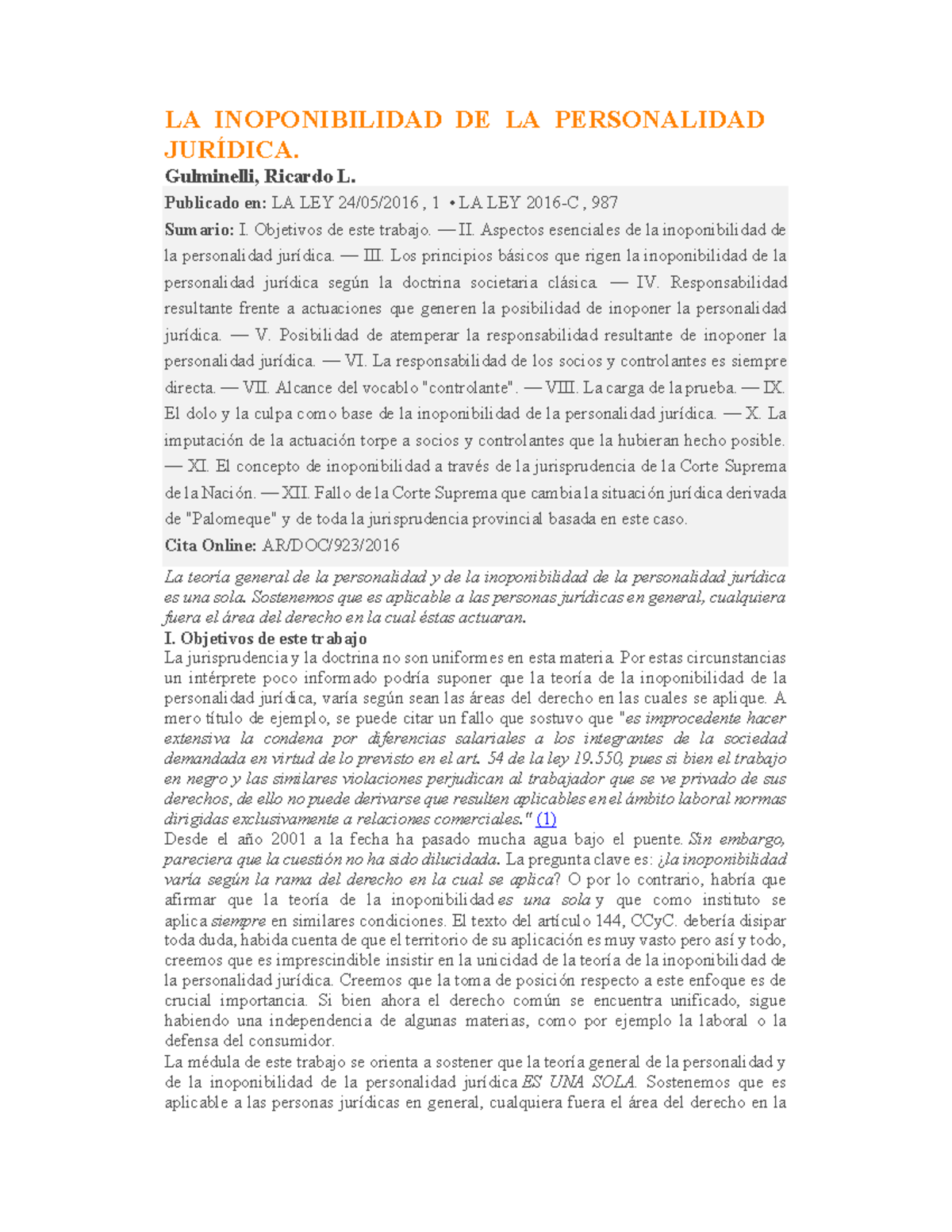 5 Inoponibilidad Gulminelli sociedades - LA INOPONIBILIDAD DE LA ...