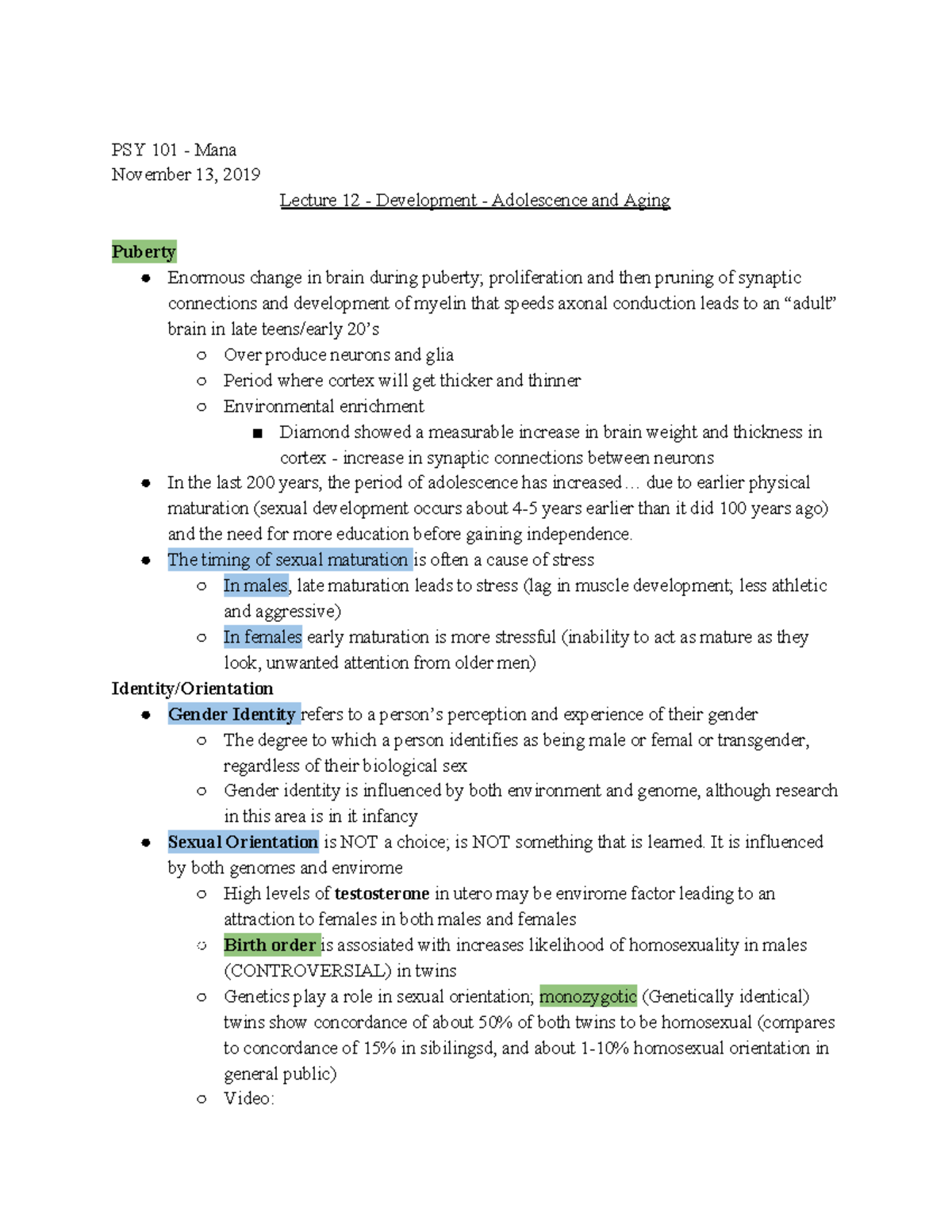 Lec. 12 - Development - Adolescence and Aging - PSY 101 - Mana November ...