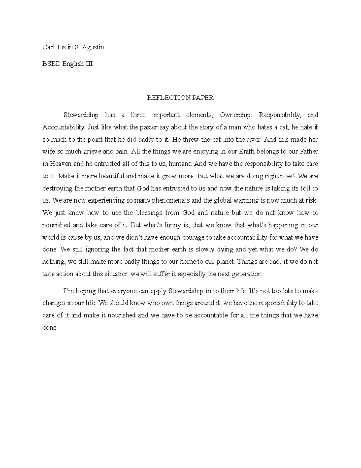 CL-Reflection Prelims - Carl Justin S. Agustin BSED English III REFLECTION PAPER Stewardship has ...