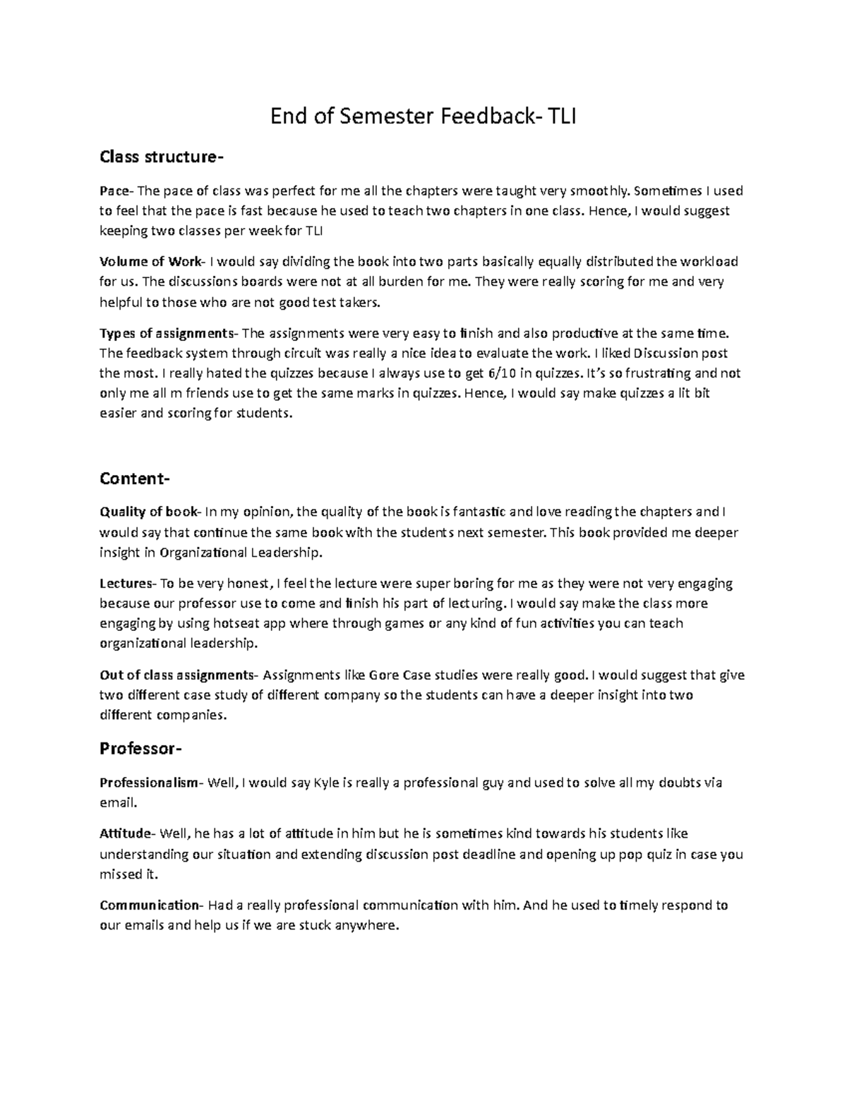End of Semester Feedback TLI - End of Semester Feedback- TLI Class ...