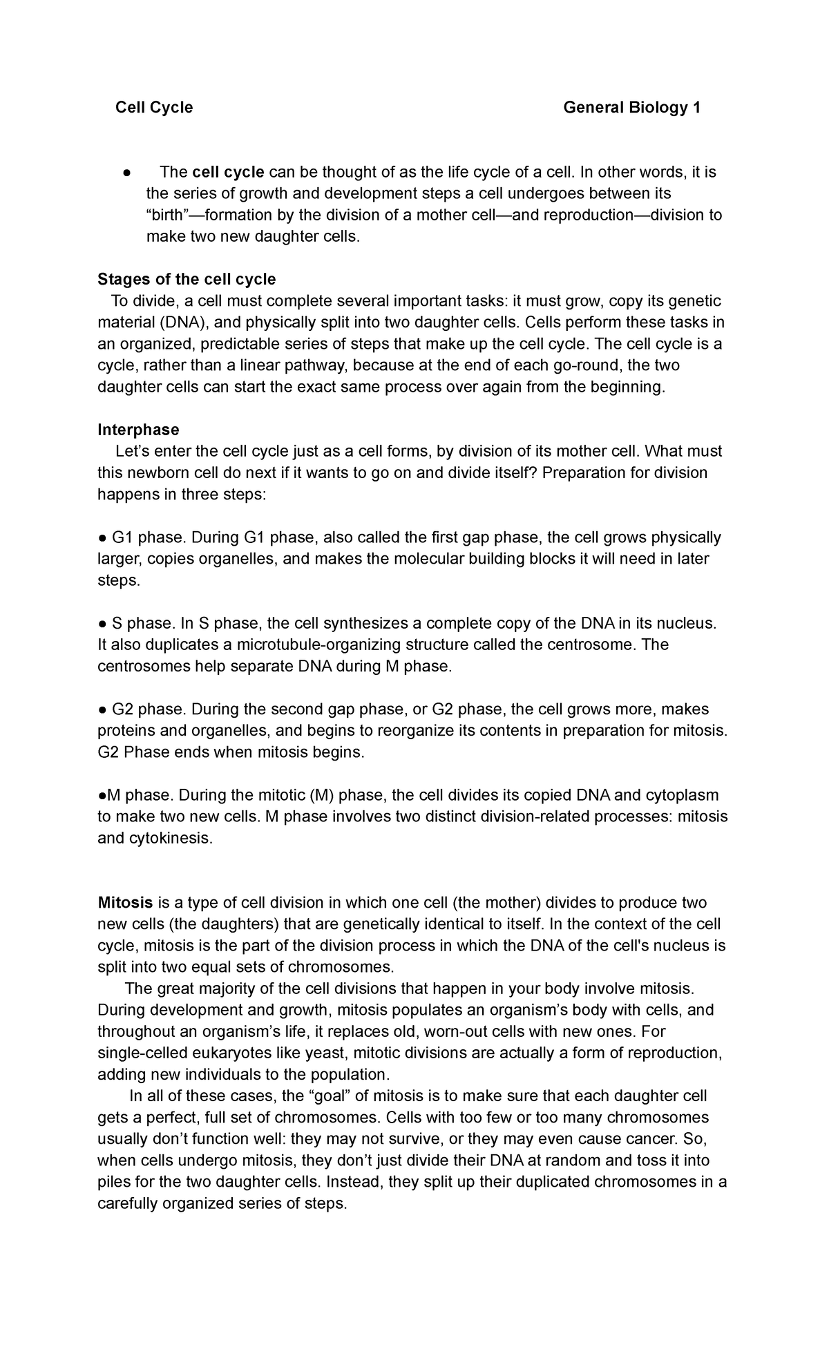 Cell cycle - Cell Cycle General Biology 1 The cell cycle can be thought ...
