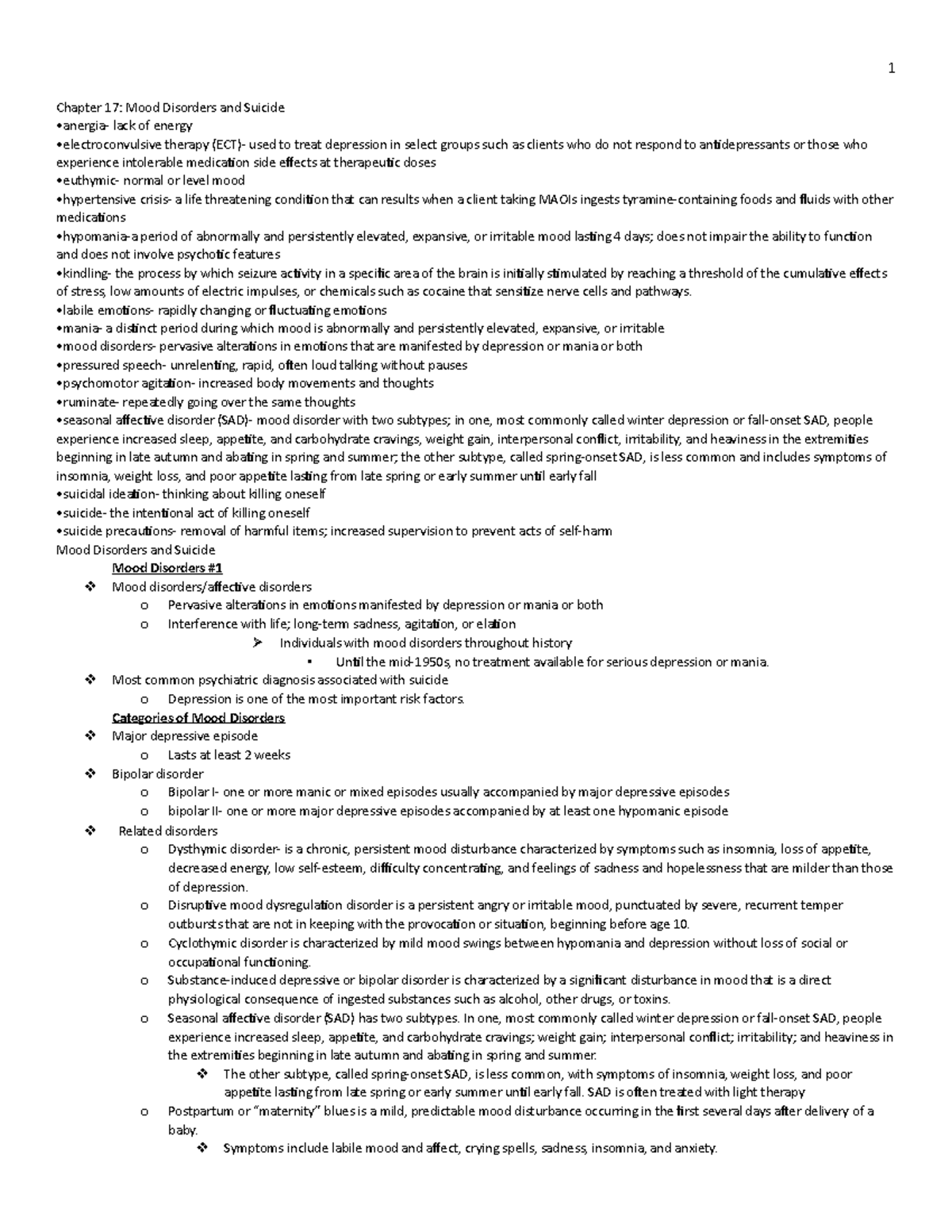 Chapter 17 Study Guide - Chapter 17: Mood Disorders and Suicide ...