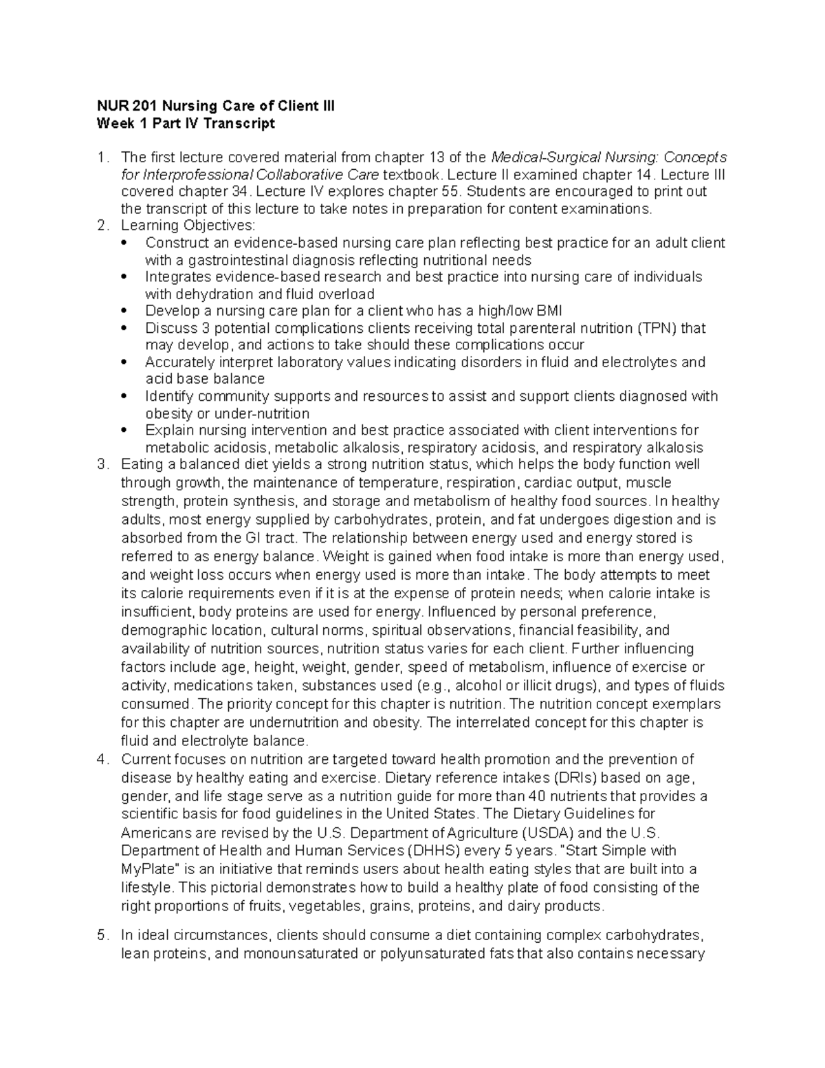 NUR 201 Nursing Care of Client III Week 1 Part IV Transcript - Lecture ...
