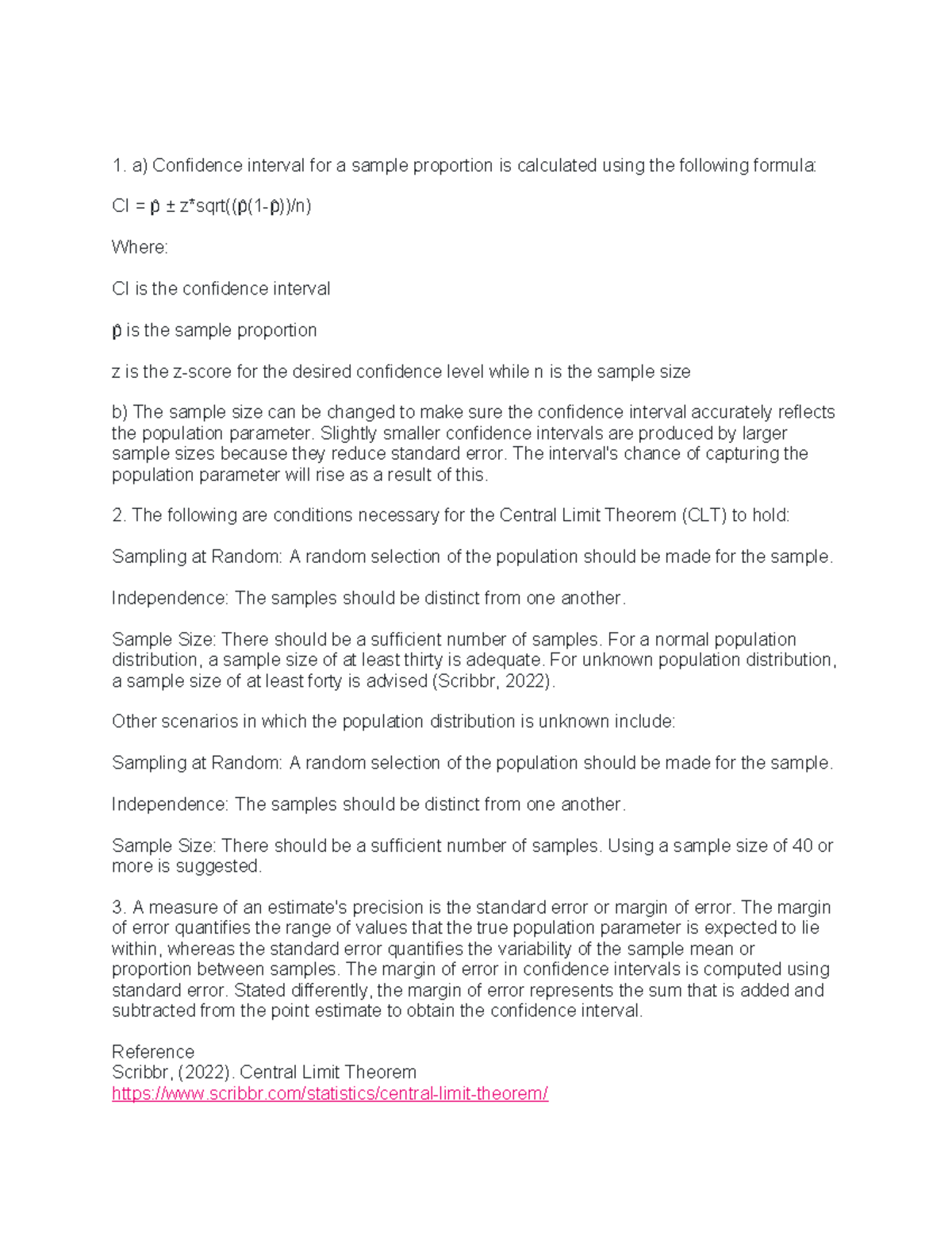 MATH 1281 - Discussion Assignment Unit 1 - A4 - a) Confidence interval for a sample proportion ...