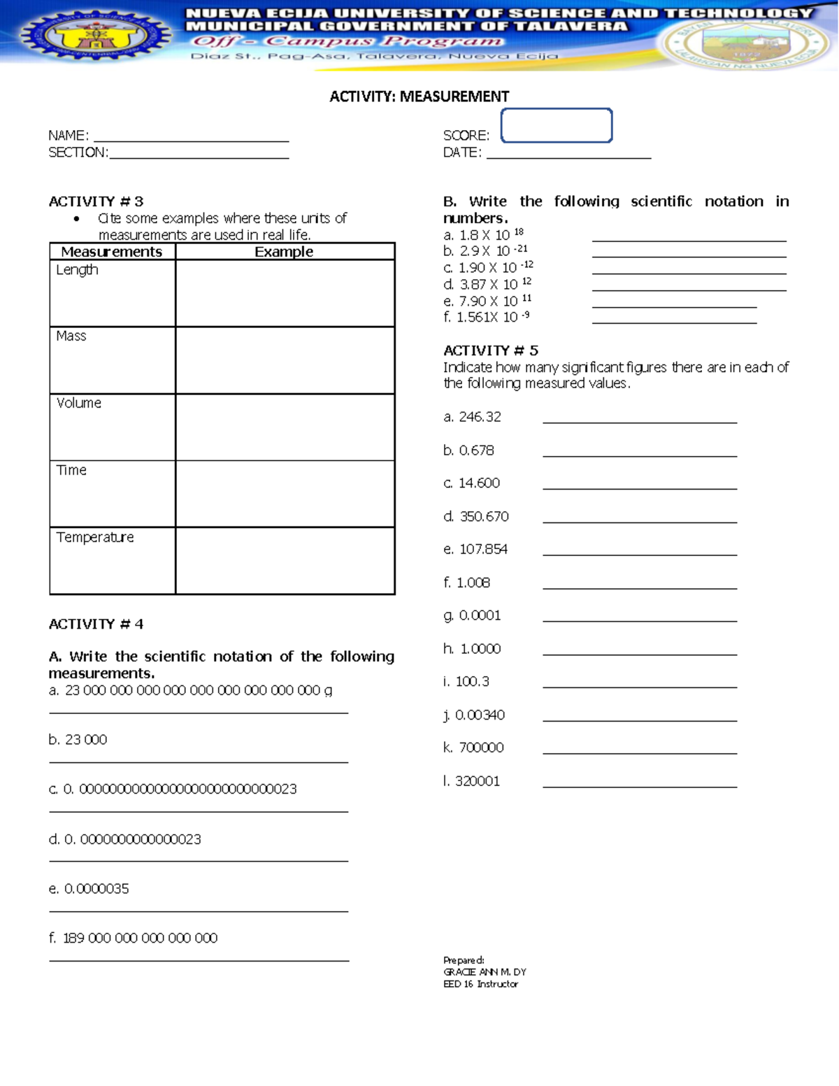 Activity Measurement - science - ACTIVITY: MEASUREMENT NAME ...