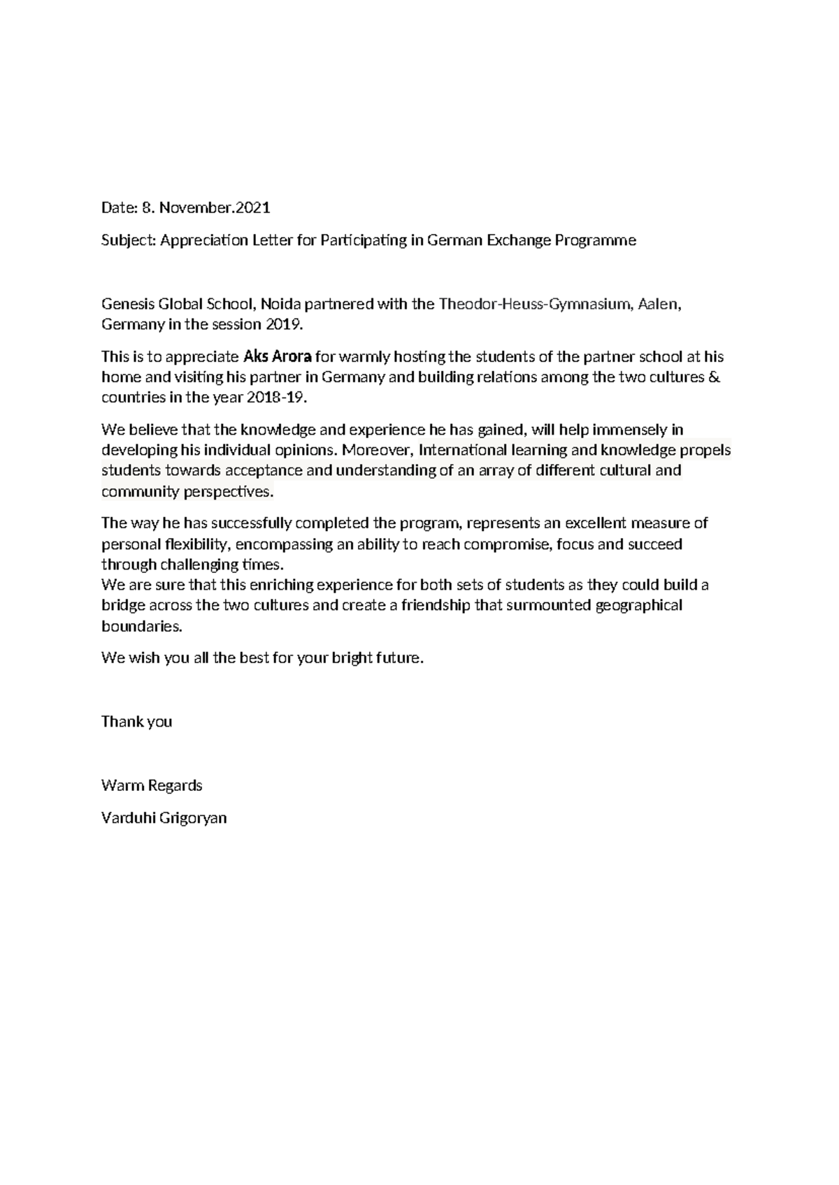 Appreciation Letter - German Assignment - Date: 8. November. Subject ...
