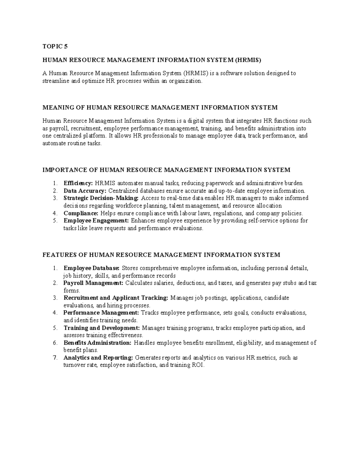 Topic 5 HR Records - Summary Human Resource Management - TOPIC 5 HUMAN ...