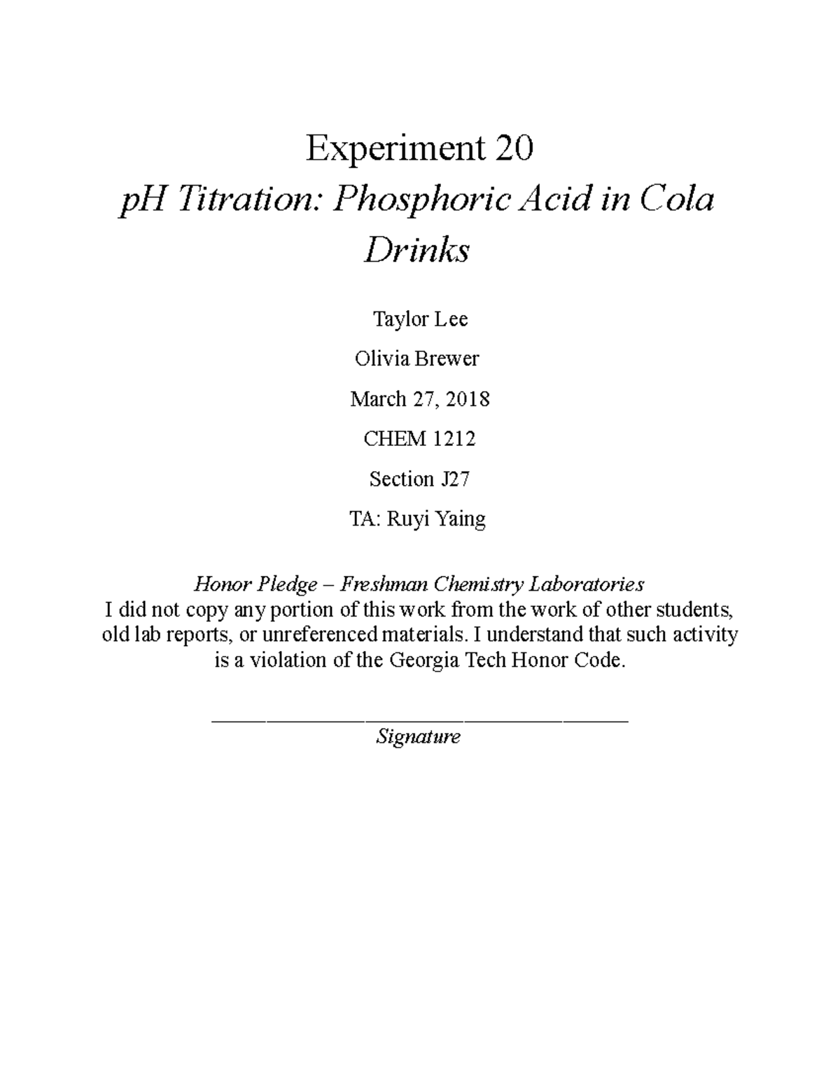 Experiment 20 - Experiment 20 pH Titration: Phosphoric Acid in Cola ...