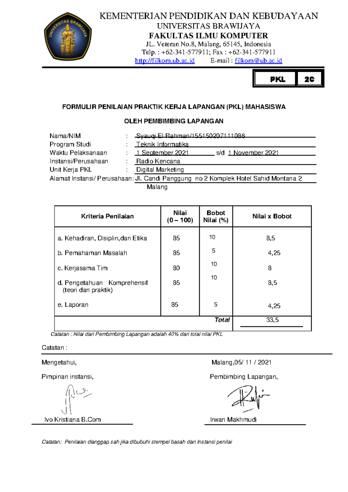 Contoh Form 2C penilaian Praktik Kerja Lapangan - KEMENTERIAN ...