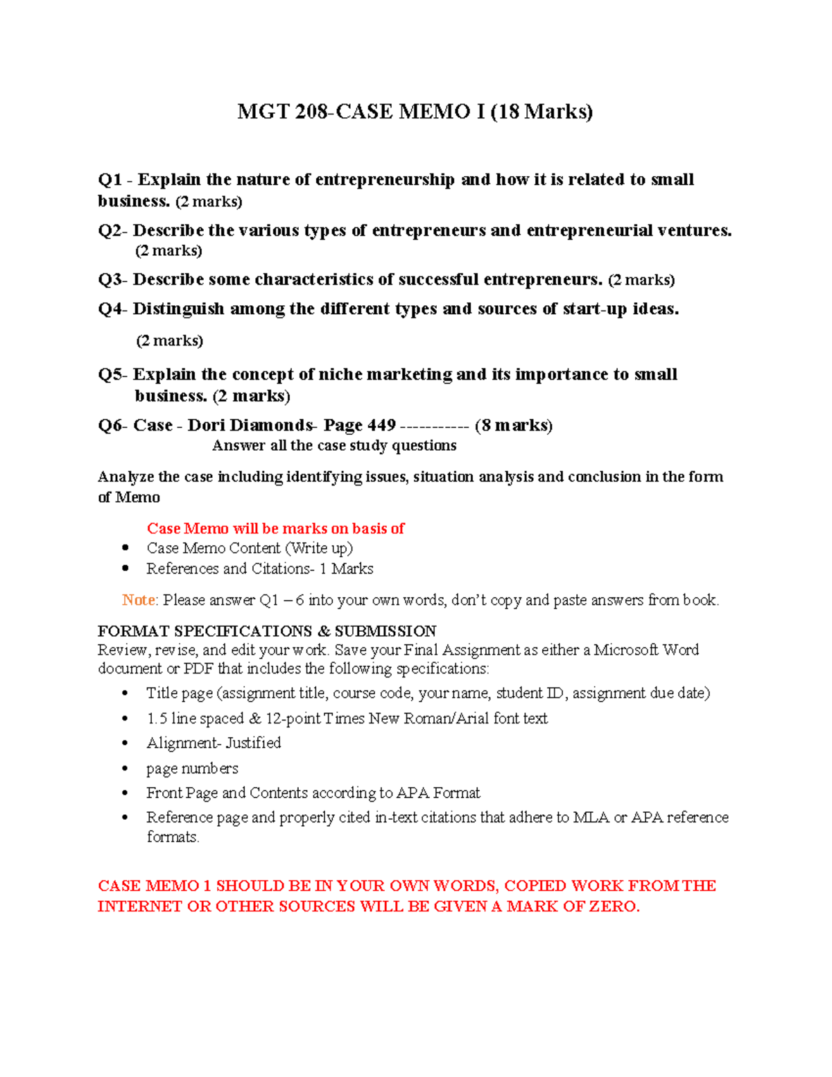 CASE MEMO 1 - T - MGT 208-CASE MEMO I (18 Marks) Q1 - Explain the ...