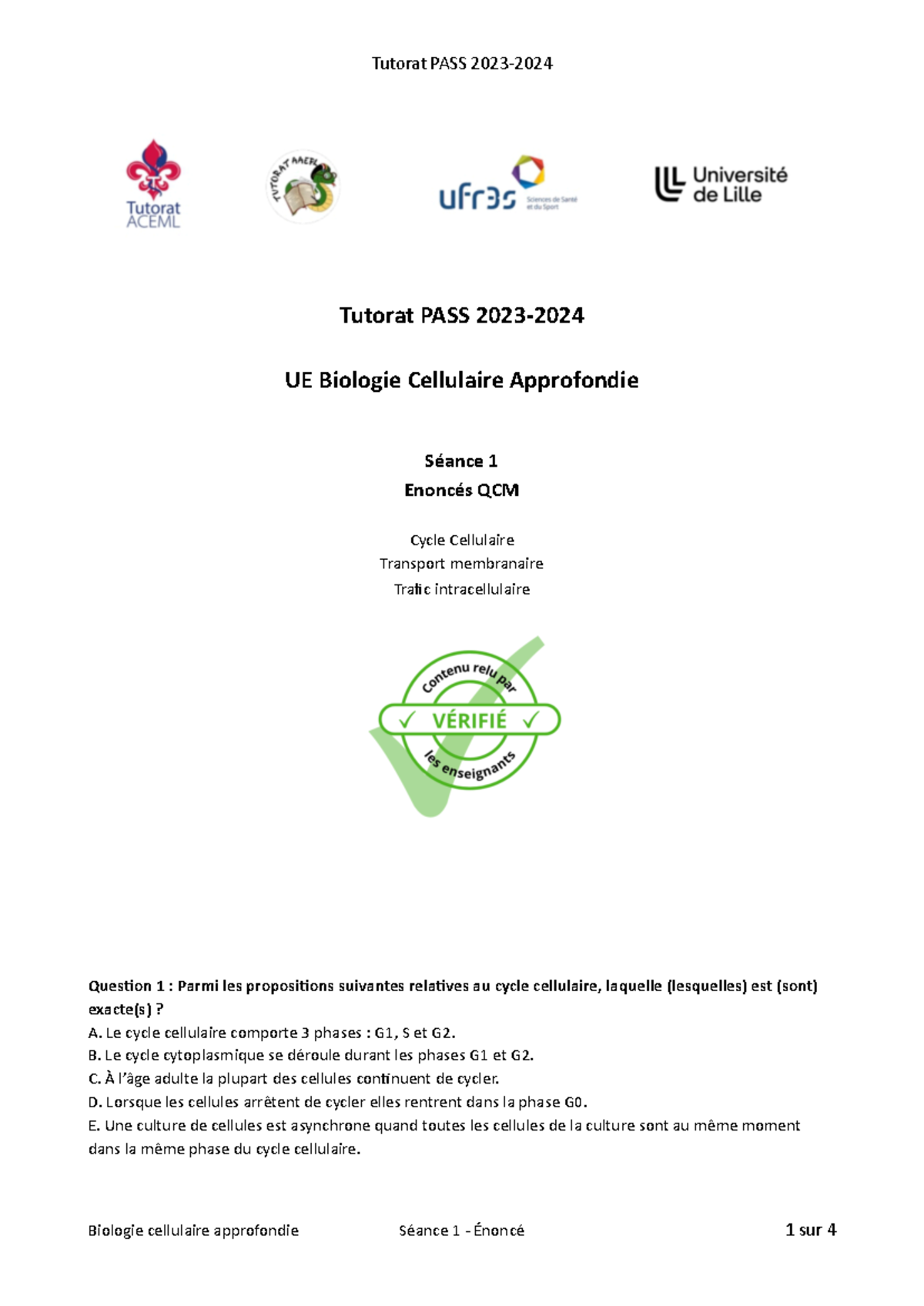 Poly 1 - note de cours , résumer de cours. - Tutorat PASS 2023- UE Biologie Cellulaire ...