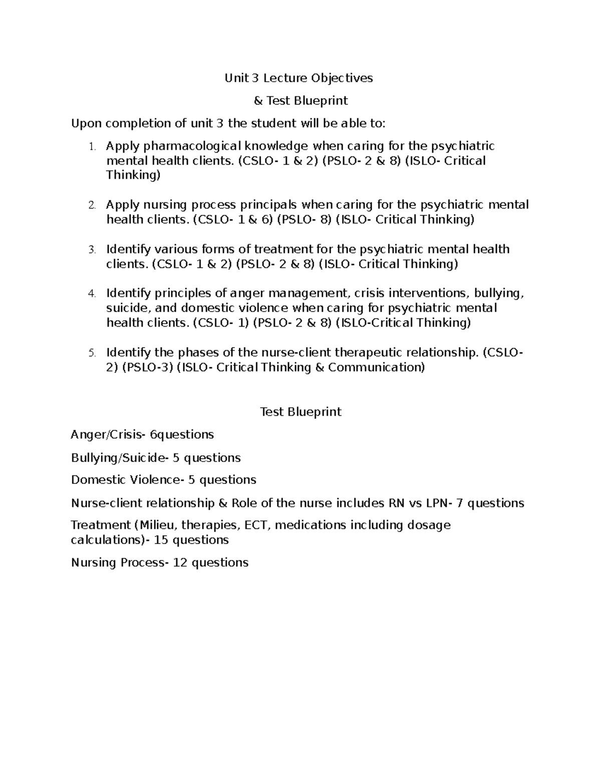 Unit 3 Lecture Objectives - Unit 3 Lecture Objectives & Test Blueprint ...