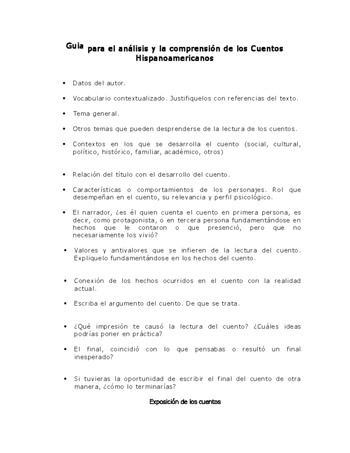 Guia para el análisis y comprensión de los Cuentos Hispanoamericanos 1 ...