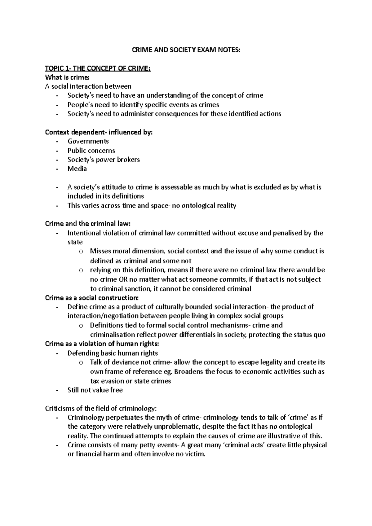 Crime AND Society EXAM Notes - CRIME AND SOCIETY EXAM NOTES: TOPIC 1 ...
