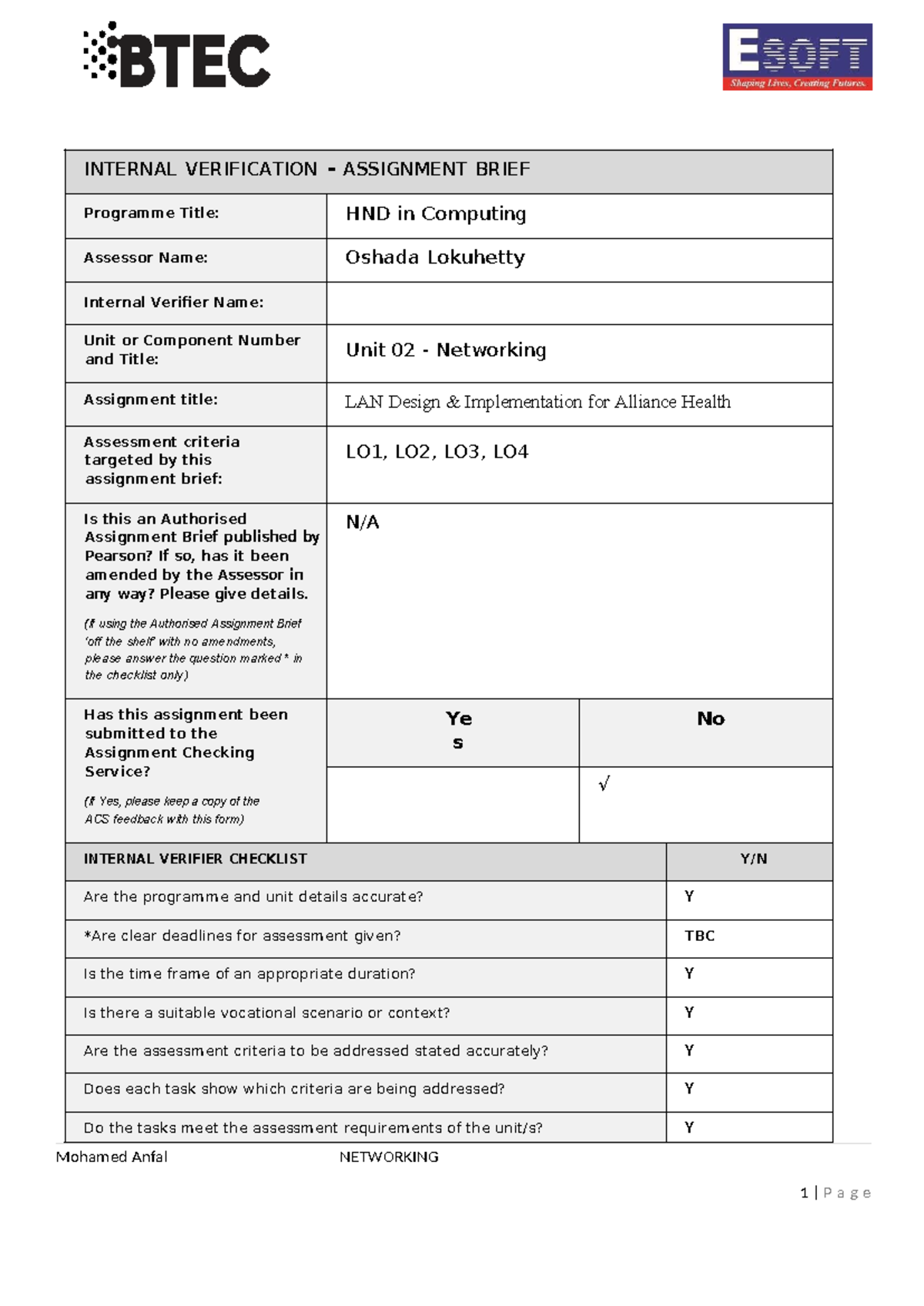 2710-1666634345190-Unit 02 Networking - INTERNAL VERIFICATION – ASSIGNMENT BRIEF Programme Title ...