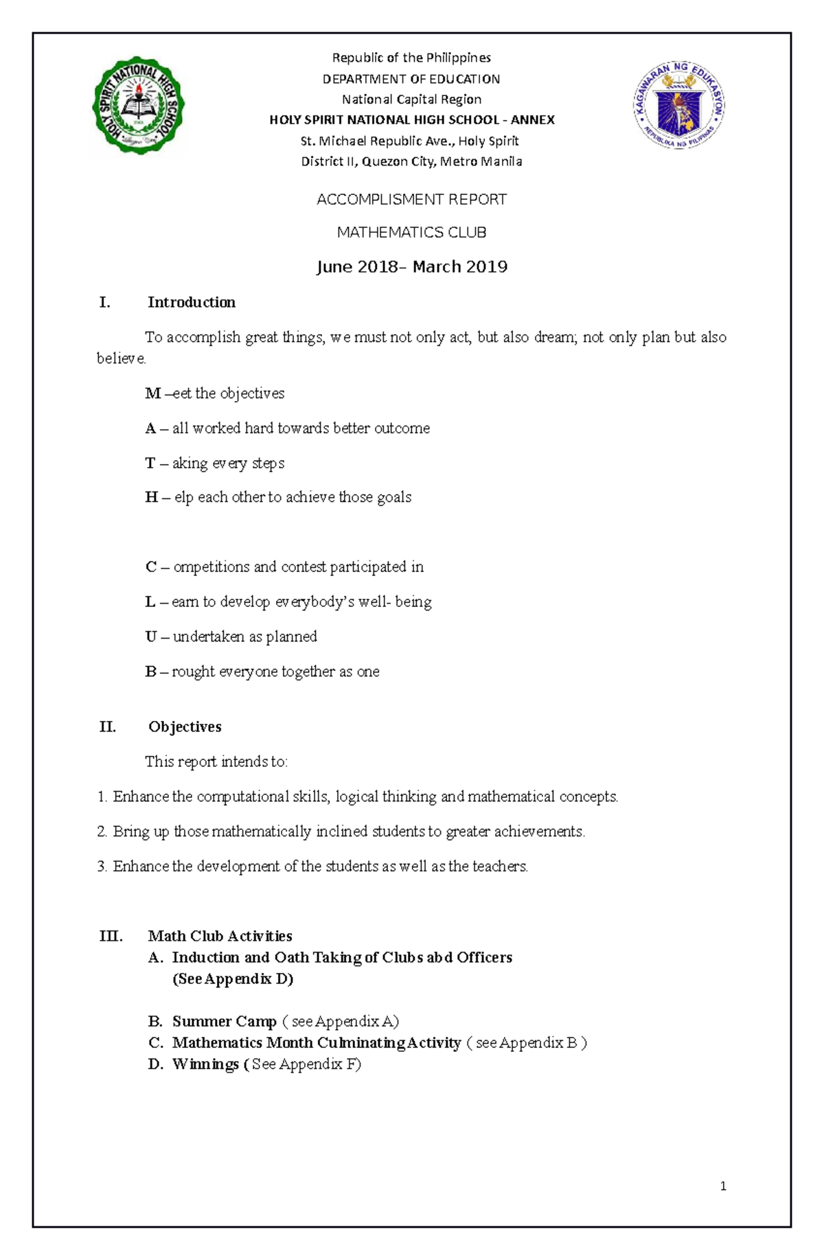 Math Club accomplishment report 2019 - DEPARTMENT OF EDUCATION National ...