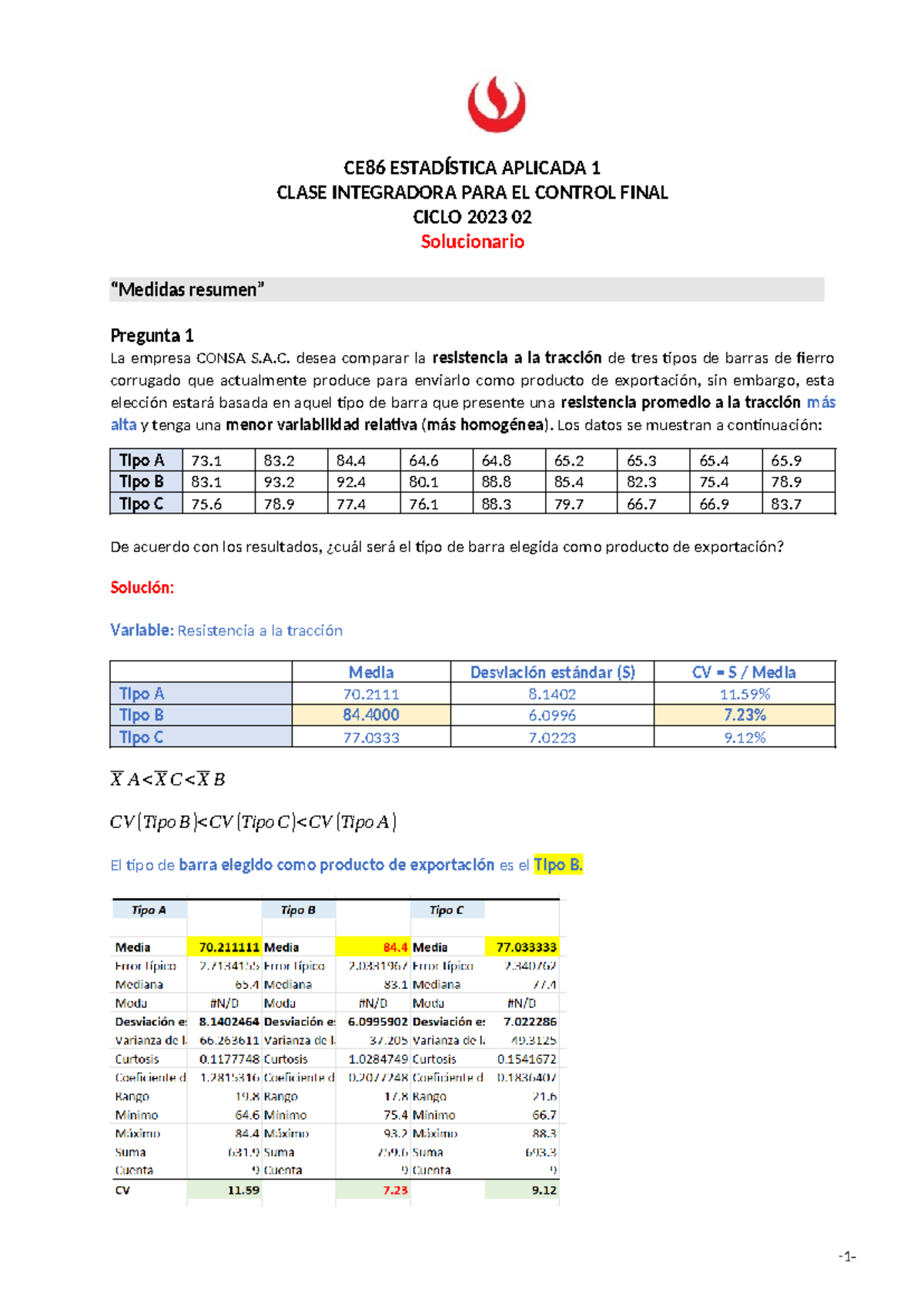 CE86 Taller Clase Integradora Control Final Solucionario - CE86 ESTADÍSTICA APLICADA 1 CLASE ...
