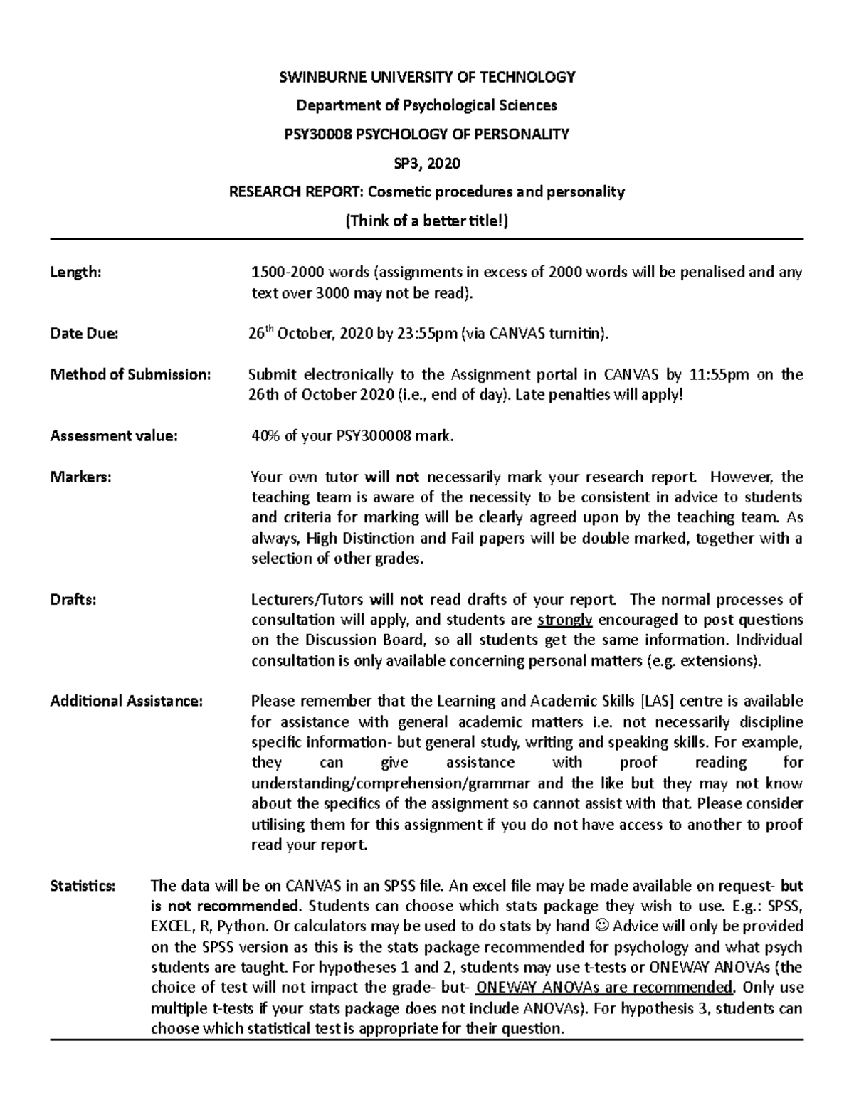 2020 PSY30008 SP3 Assignment Handout - SWINBURNE UNIVERSITY OF ...