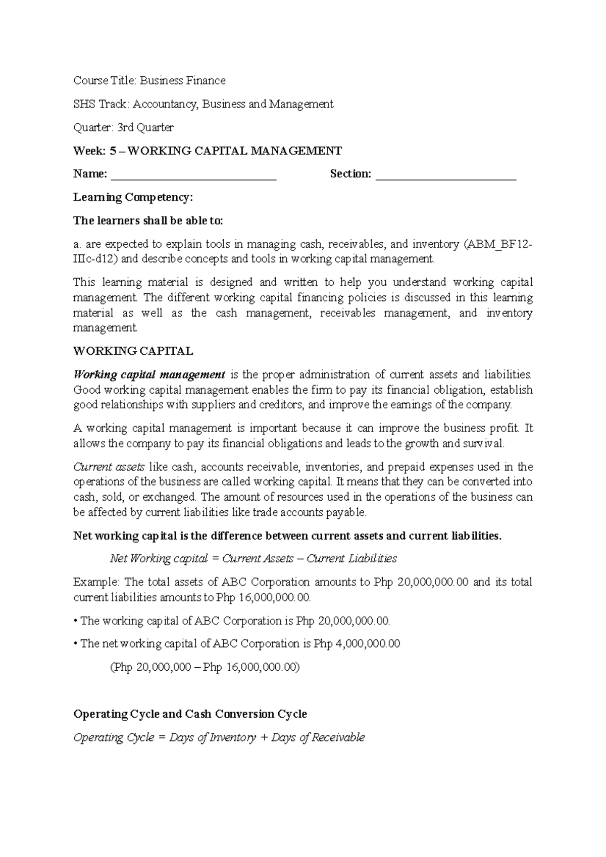 Business Finance WEEK 5 - Course Title: Business Finance SHS Track ...