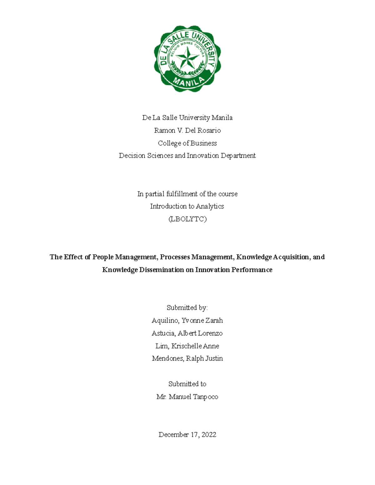 Lbolytc Group 9 Final Paper - De La Salle University Manila Ramon V ...