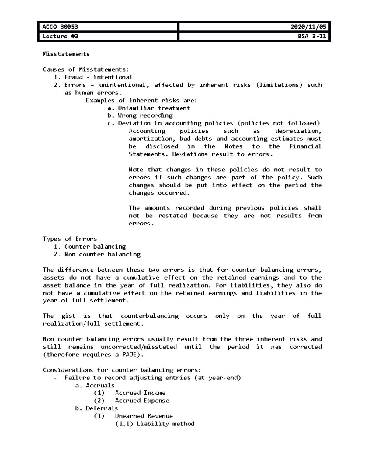 SUBJECT CODE ACCO 30053 AACA Lecture 2 Notes - Auditing Errors ...
