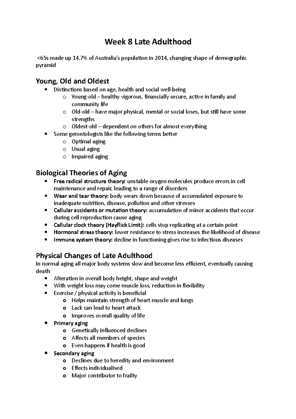 Week 8 Late Adulthood - Lecture notes 8 - Week 8 Late Adulthood made up ...