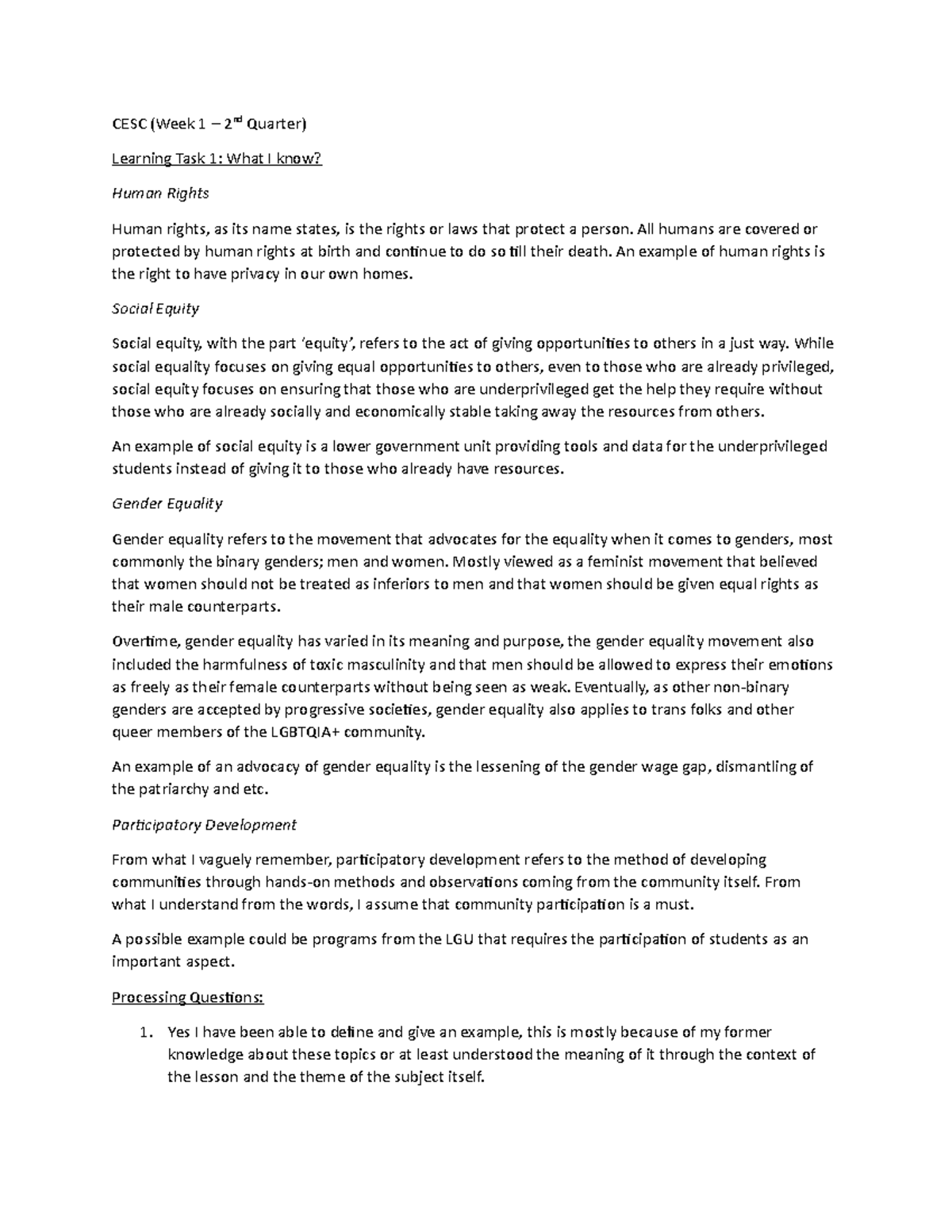 CESC - Homework - CESC (Week 1 – 2nd Quarter) Learning Task 1: What I ...