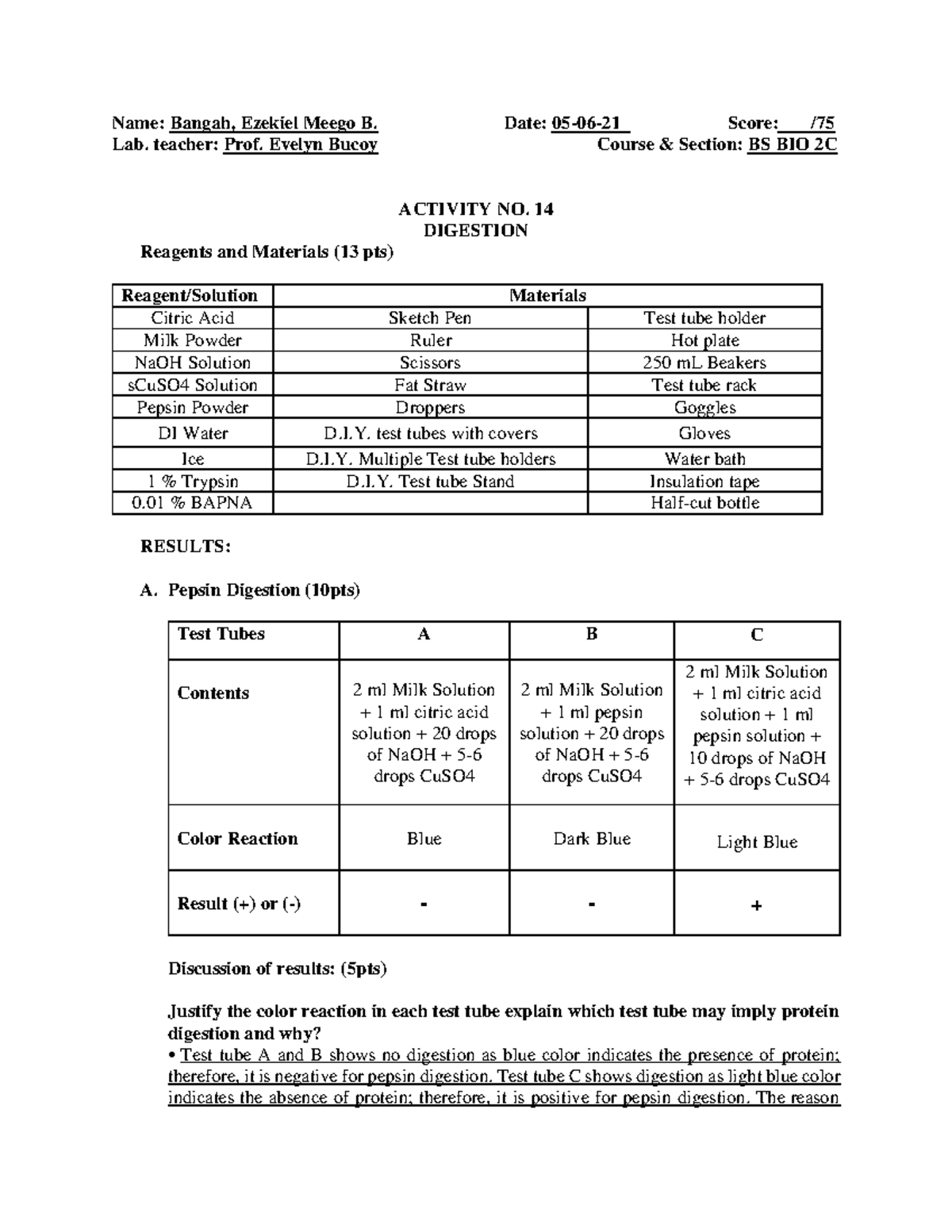 Activity 14 Worksheet - Digestion - Name: Bangah, Ezekiel Meego B. Date ...