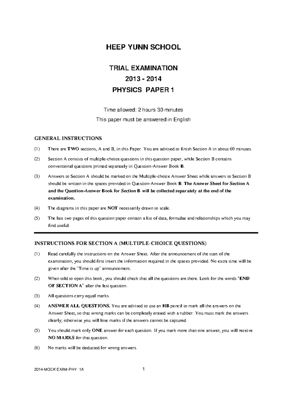 Open-5 - note - 2014-MOCK EXAM-PHY 1A 1 HEEP YUNN SCHOOL TRIAL ...