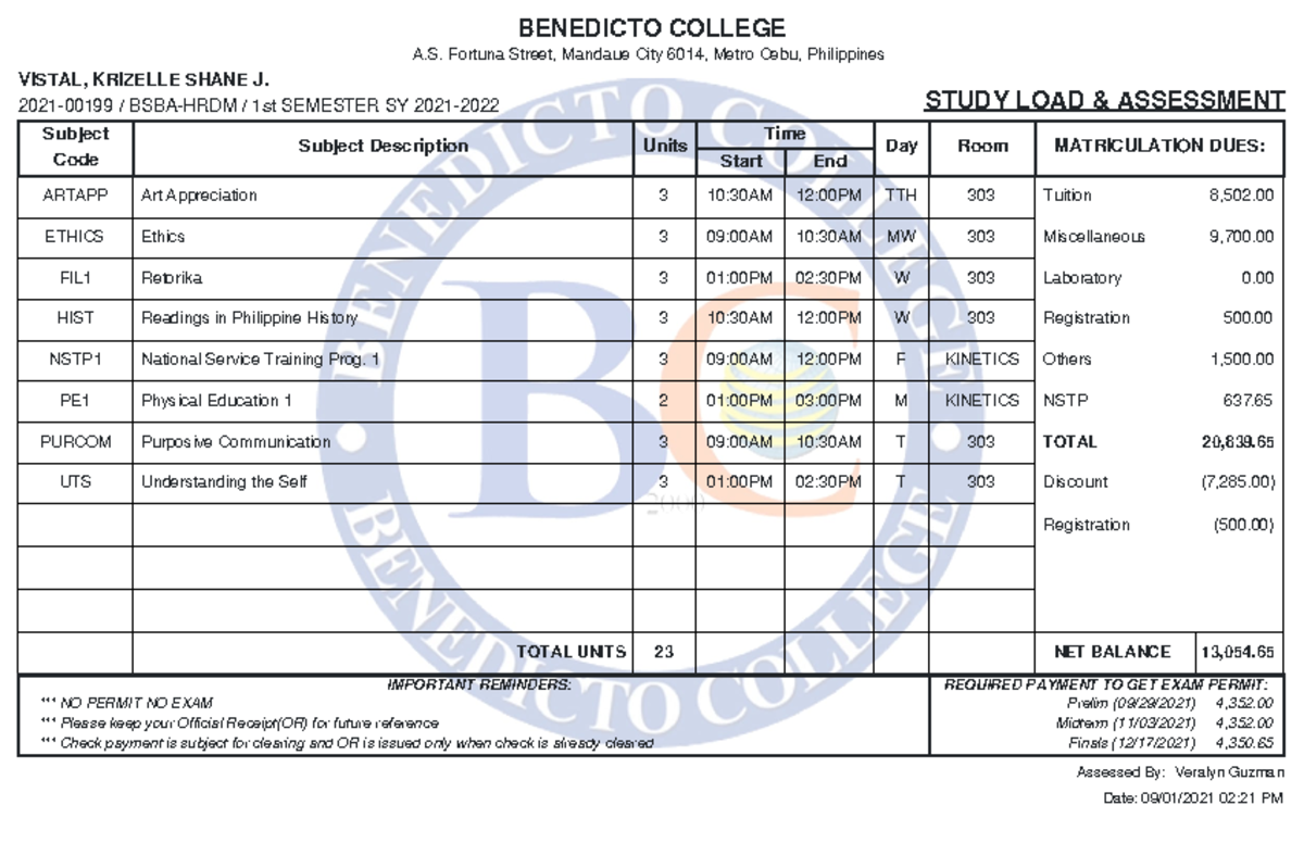 Vistal, Krizelle Shane - HRDM Study Load - VISTAL, KRIZELLE SHANE J. 2021-00199 / BSBA-HRDM ...