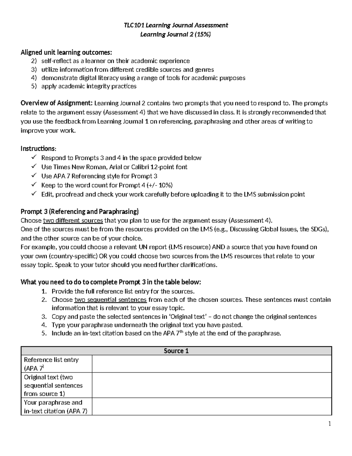 2024 S1 Learning Journal 2 task and rubric v4 240407 - TLC101 Learning ...