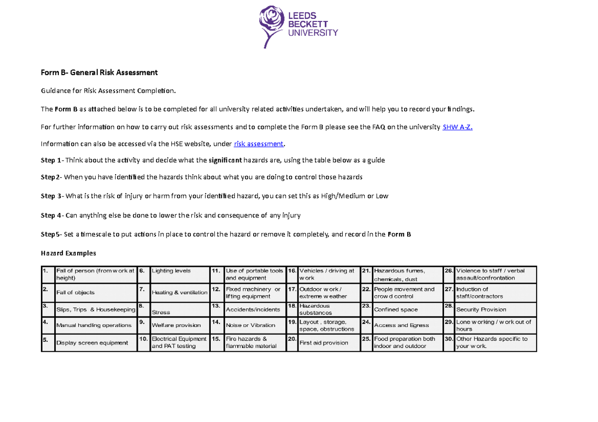 Risk assessment psp form - Form B- General Risk Assessment Guidance for ...