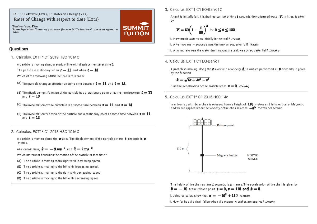 Further Rates Tutorial Rates of changes with respect to time HSC - 1 ...
