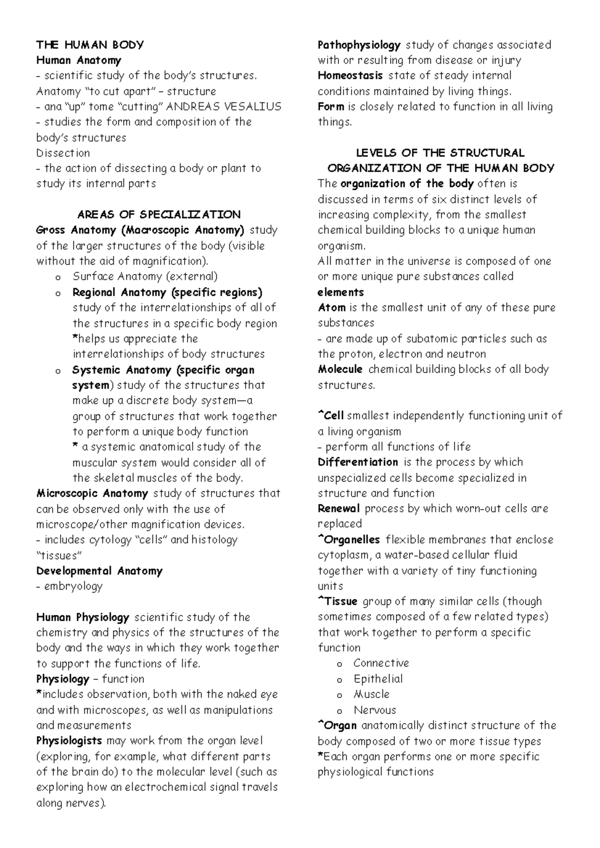 Anaphy - notes - THE HUMAN BODY Human Anatomy scientific study of the ...