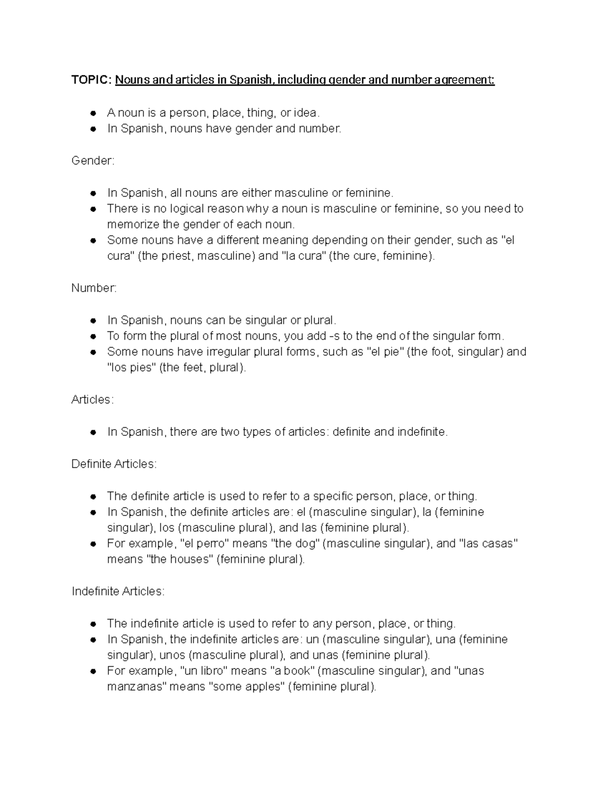 Week 3 lecture Study notes - TOPIC: Nouns and articles in Spanish ...