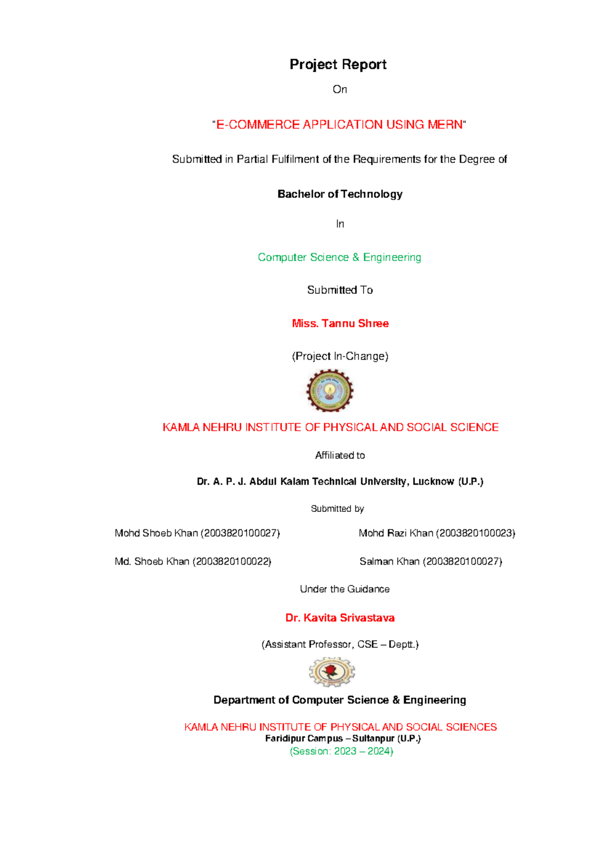 Group project - Project Report On “E-COMMERCE APPLICATION USING MERN” Submitted in Partial - Studocu