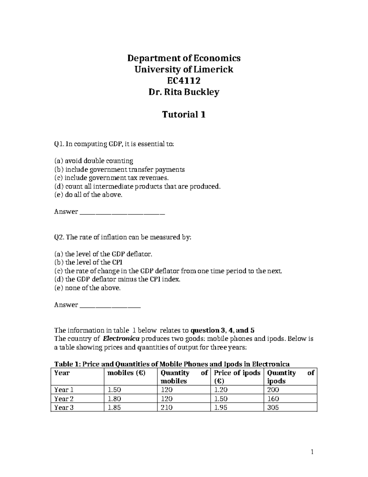 Tutorial 1 week 1 - Department of Economics University of Limerick EC ...