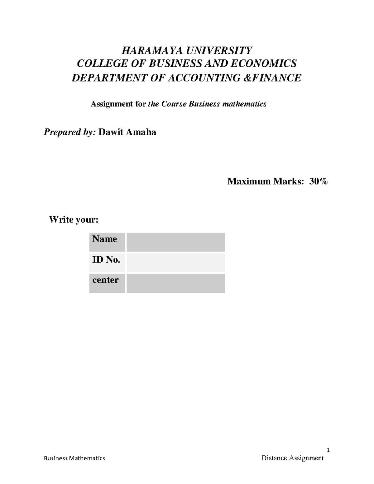 Distance Maths Assignment - 1 HARAMAYA UNIVERSITY COLLEGE OF BUSINESS ...