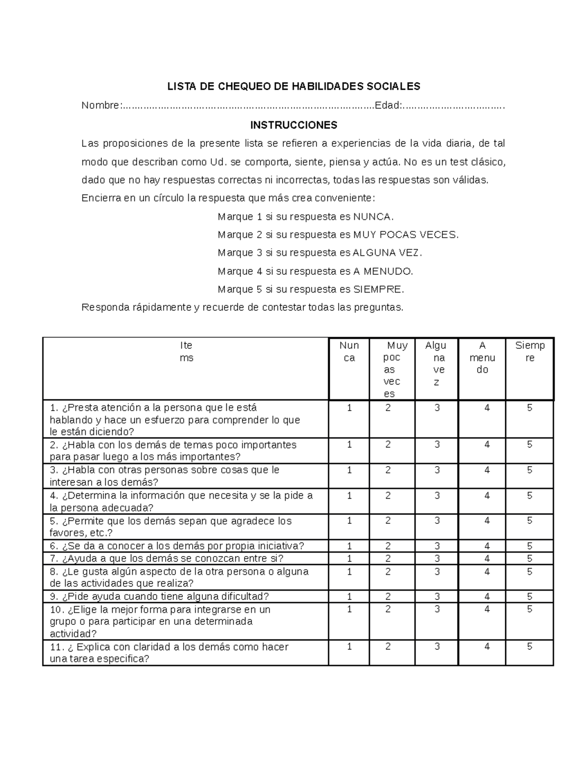 Prueba psicologica de Escala de Habilidades Sociales - LISTA DE CHEQUEO ...