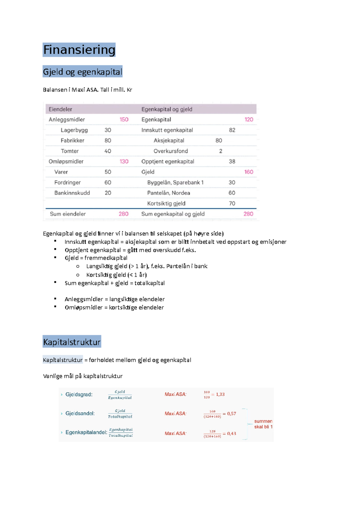 Finansiering - Finansiering Gjeld og egenkapital Balansen i Maxi ASA ...