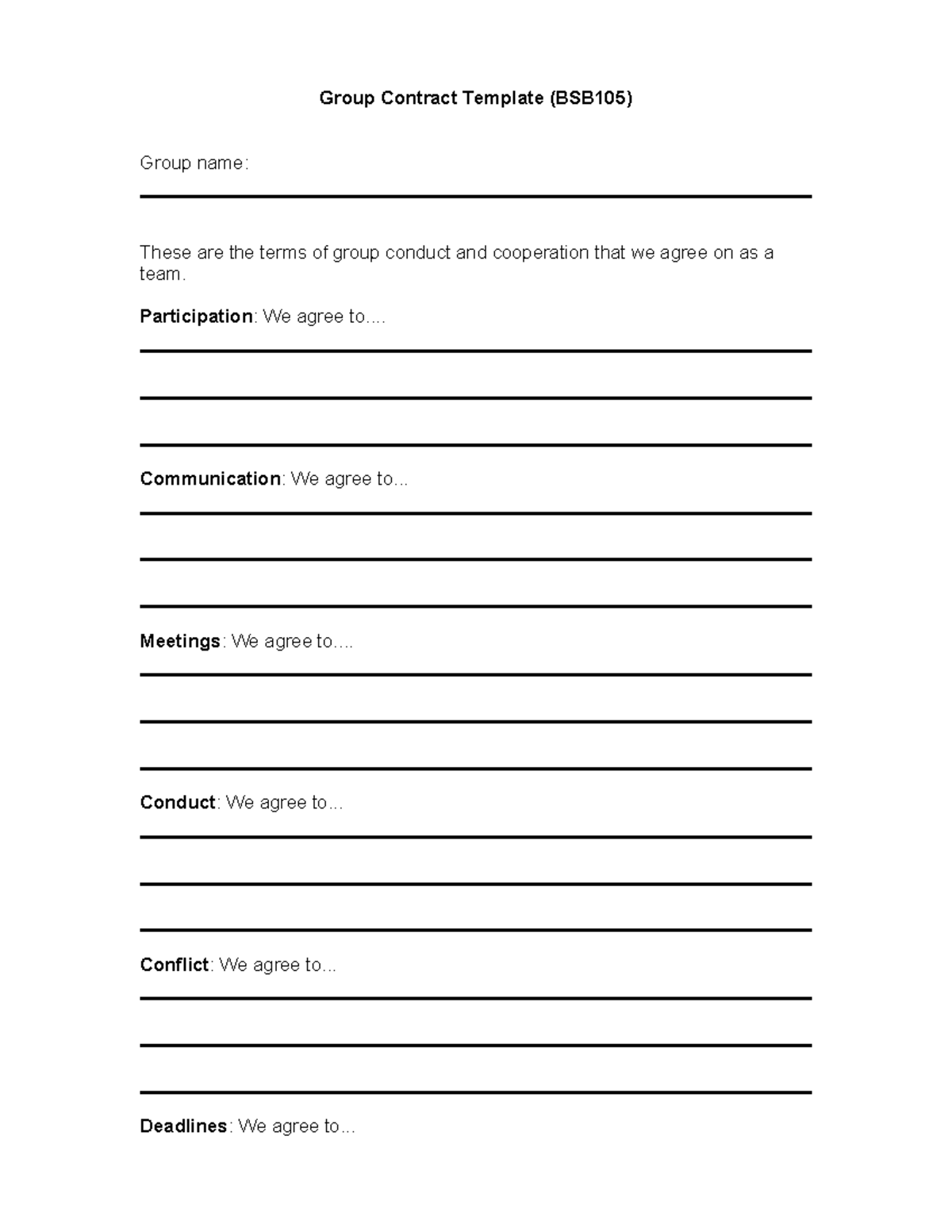 Group Contract Template - Participation: We agree to.... Communication ...