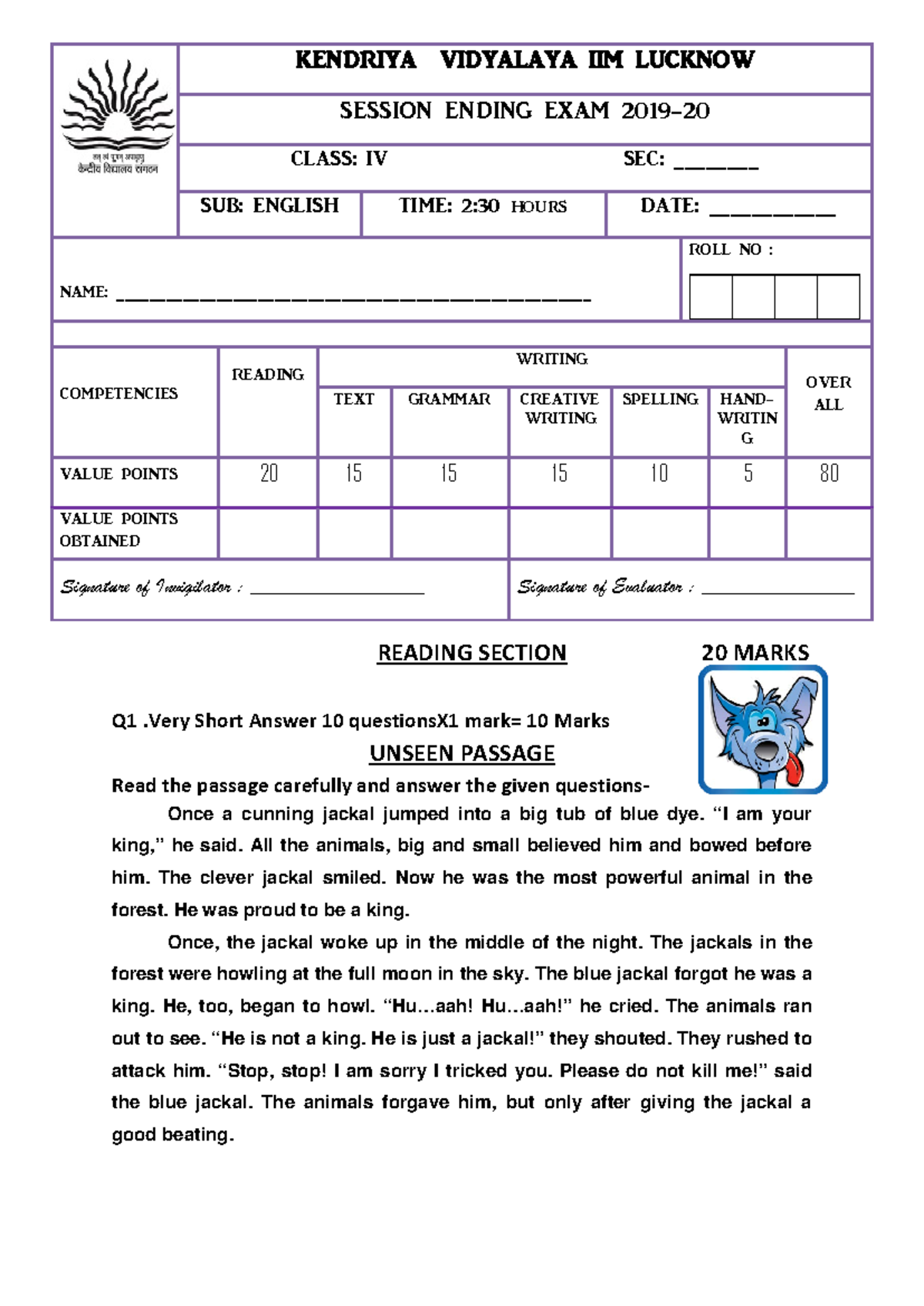 Class-4 English SE EXAM 19-20 - READING SECTION 20 MARKS Q1 .Very Short ...