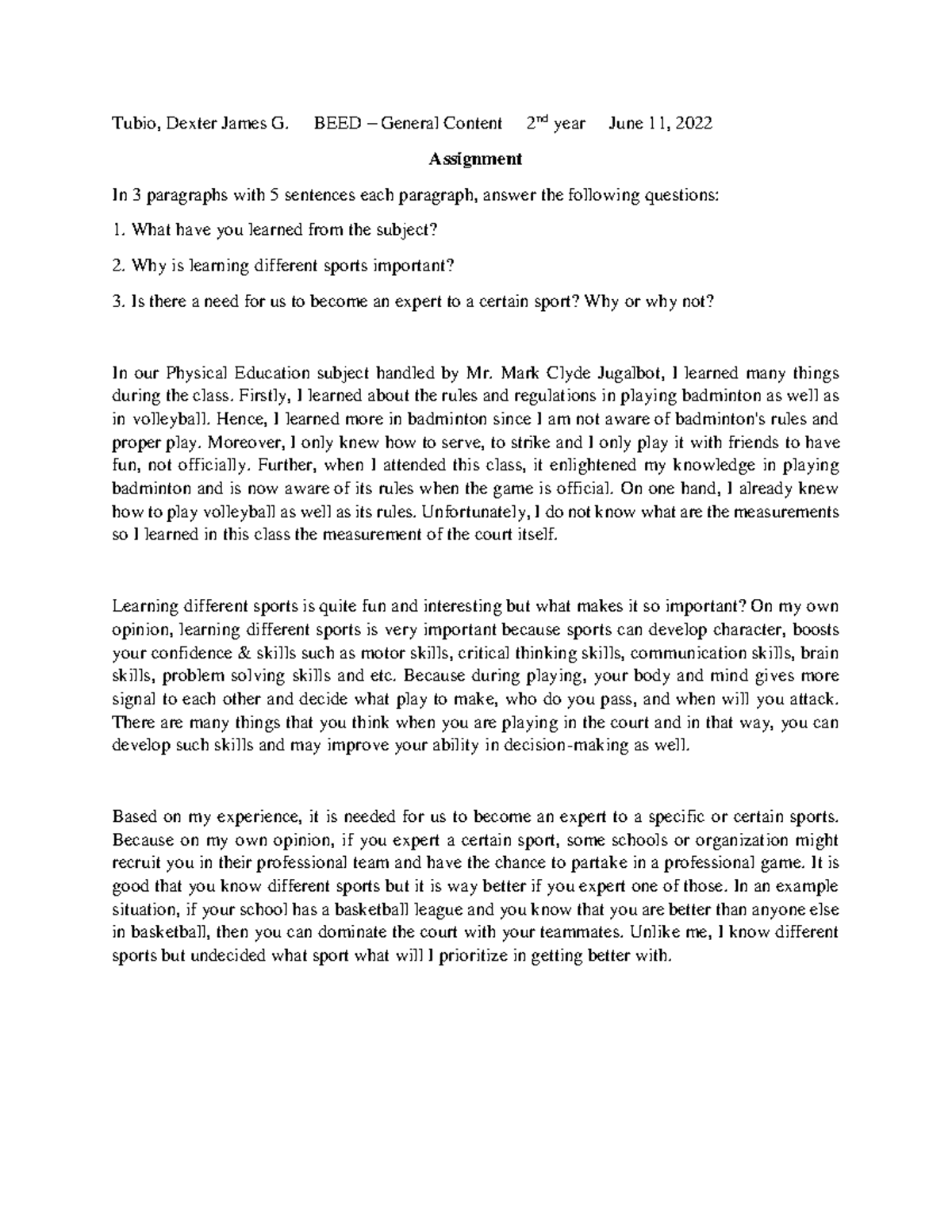 PE 104 Assignment (Tubio) - Tubio, Dexter James G. BEED General Content ...