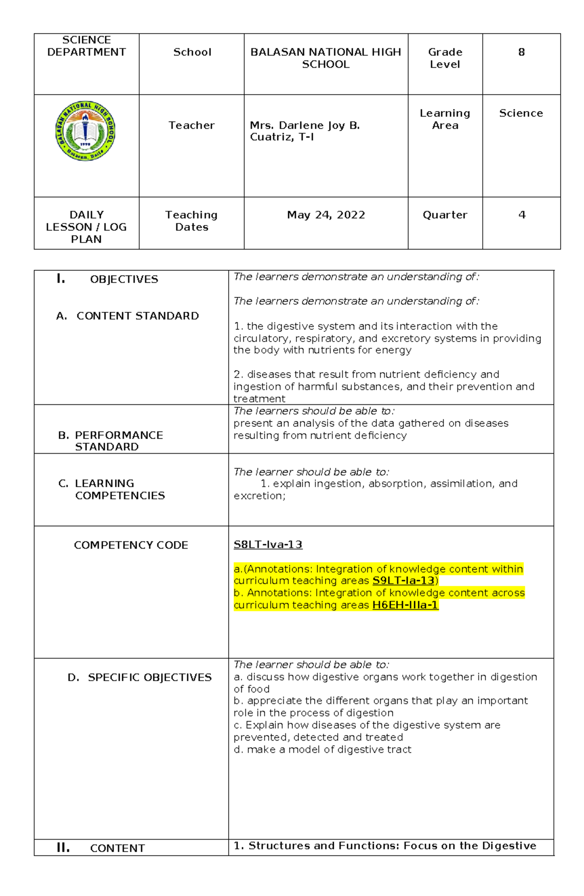 Lesson Plan in Science 8 - SCIENCE DEPARTMENT School BALASAN NATIONAL ...