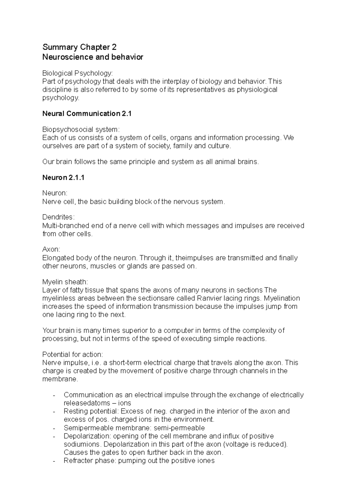 Summary Chapter 2 - Neuroscience and behavior (part 1) - Summary Chapter 2 Neuroscience and ...