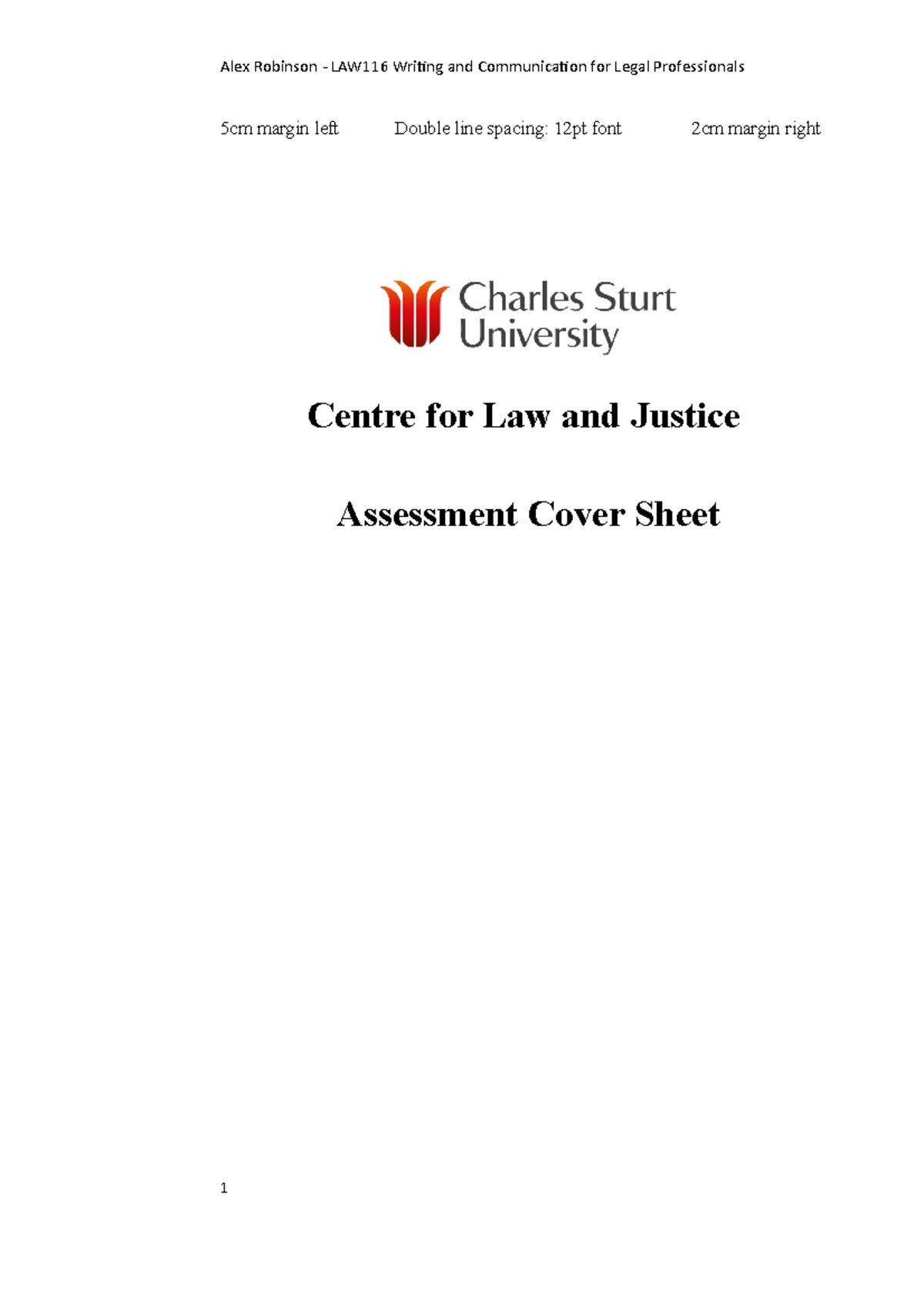 Law116 legal memo - 5cm margin left Double line spacing: 12pt font 2cm ...